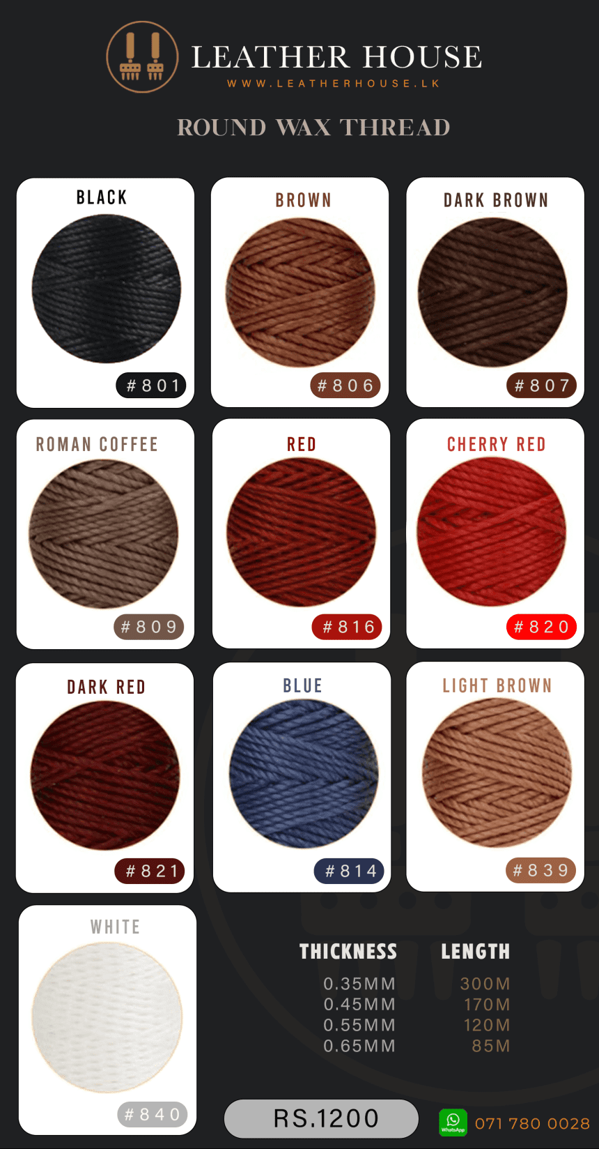 Round Wax Thread - 0.55mm (120m) - Leather House